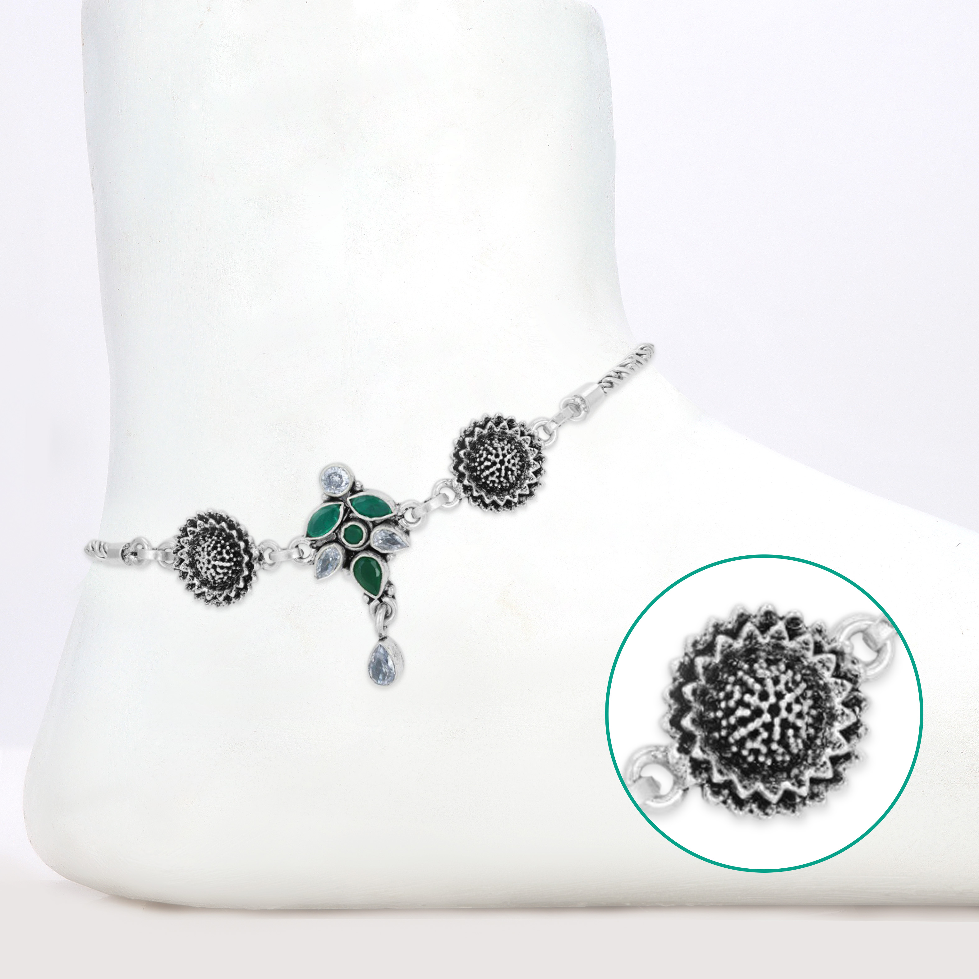 Buy Glitzy Big Floral Drop Silver Anklets |GRT Jewellers