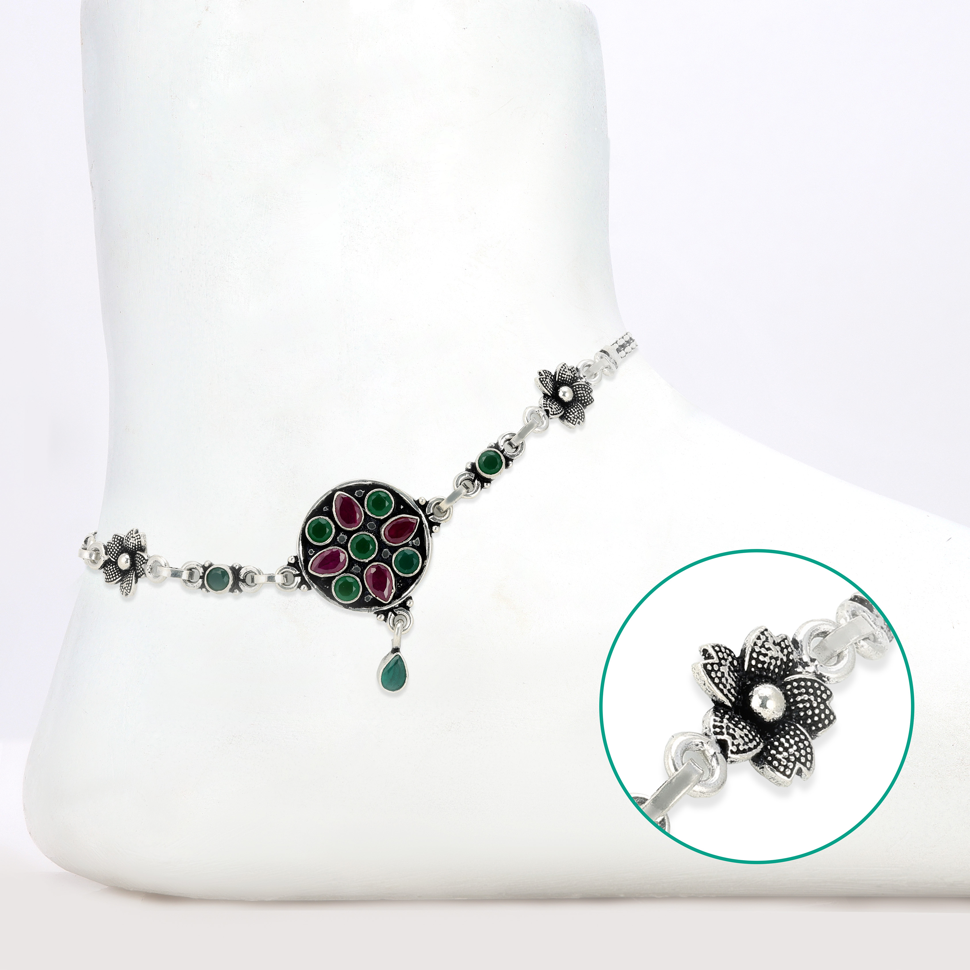 Buy Alluring Floral With Pear Drop Silver Anklets |GRT Jewellers