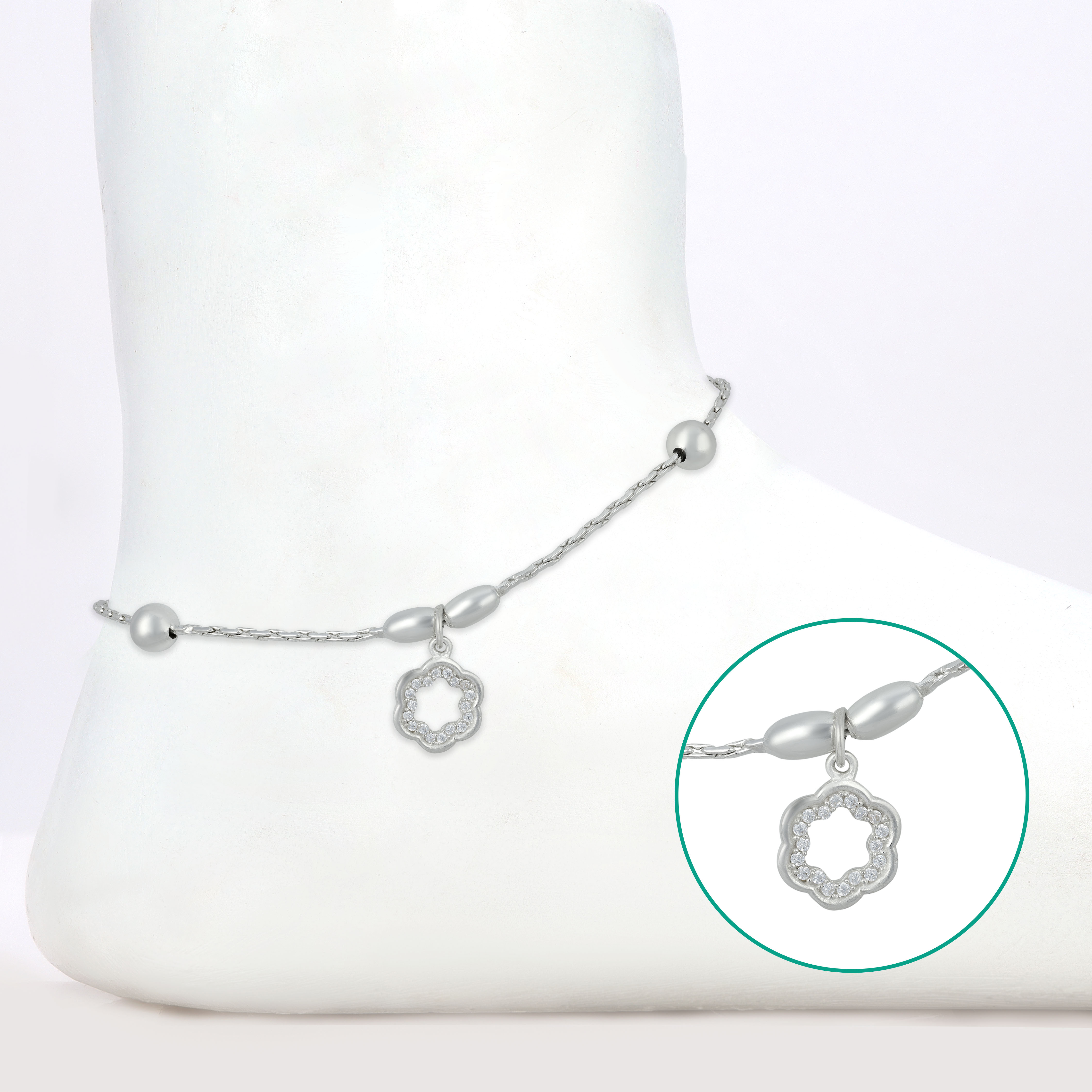 Buy Effulgent Floral Charms Silver Anklets |GRT Jewellers