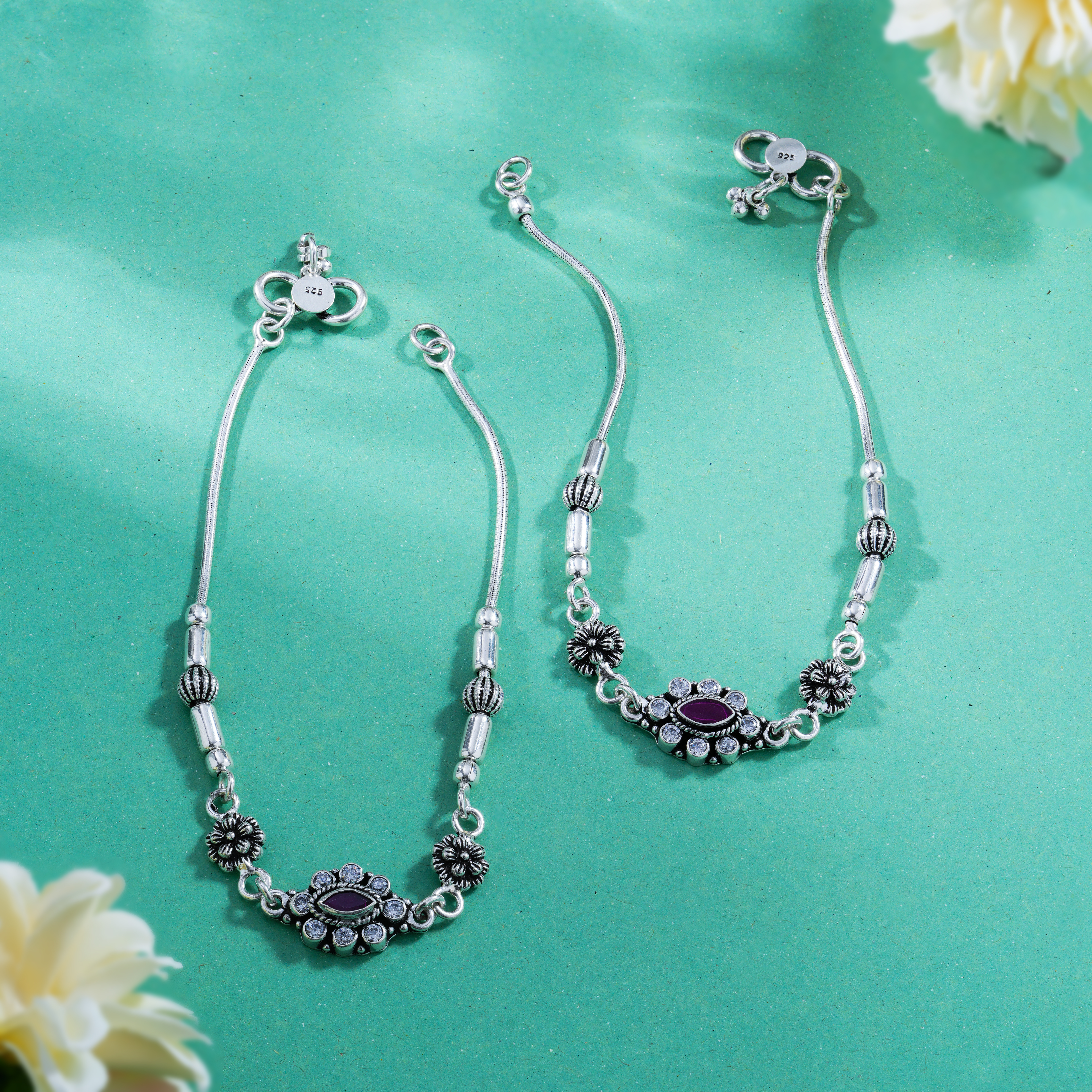 Buy Antique Floral Silver Anklets |GRT Jewellers