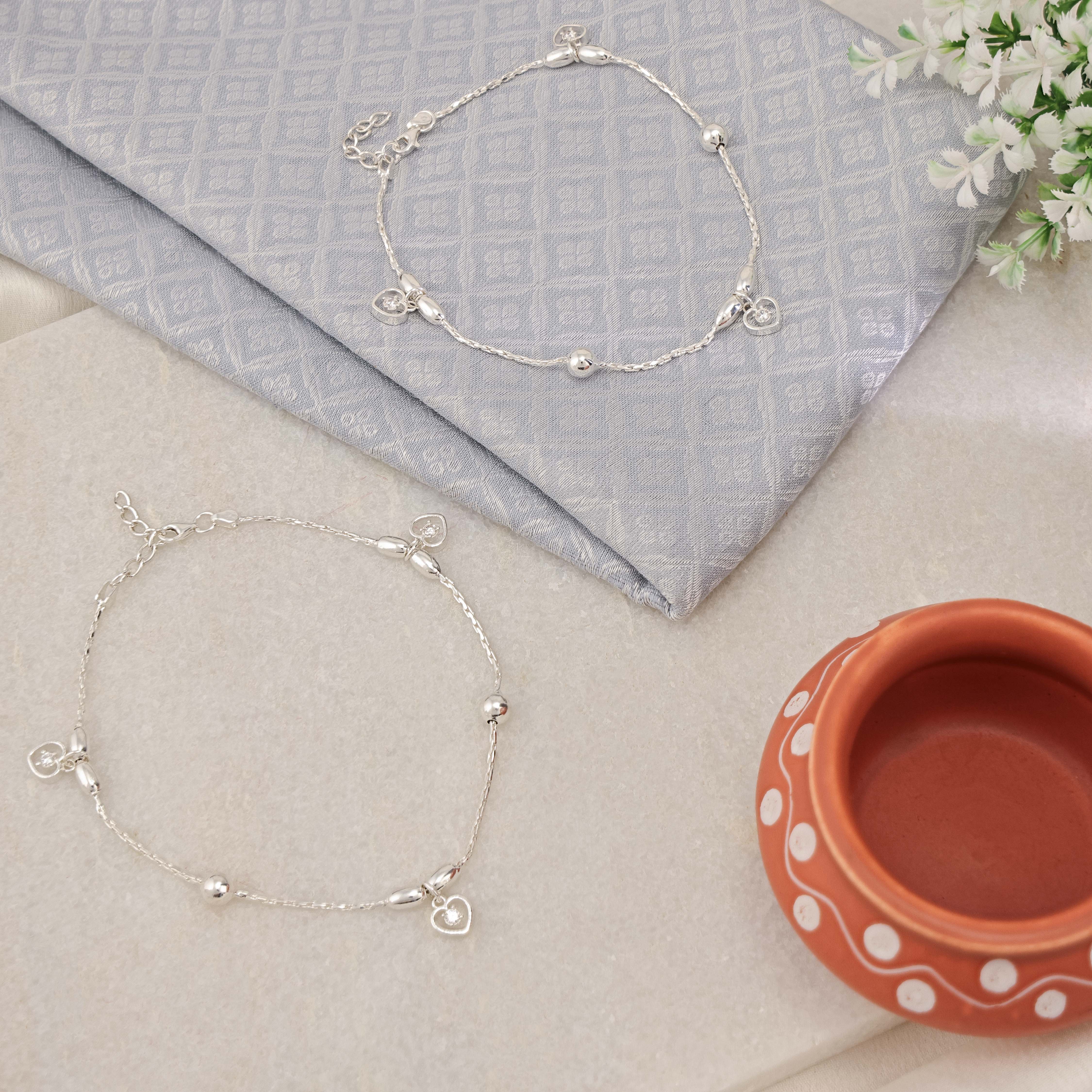 Buy Charming Heart with Stone Silver Anklets|GRT Jewellers