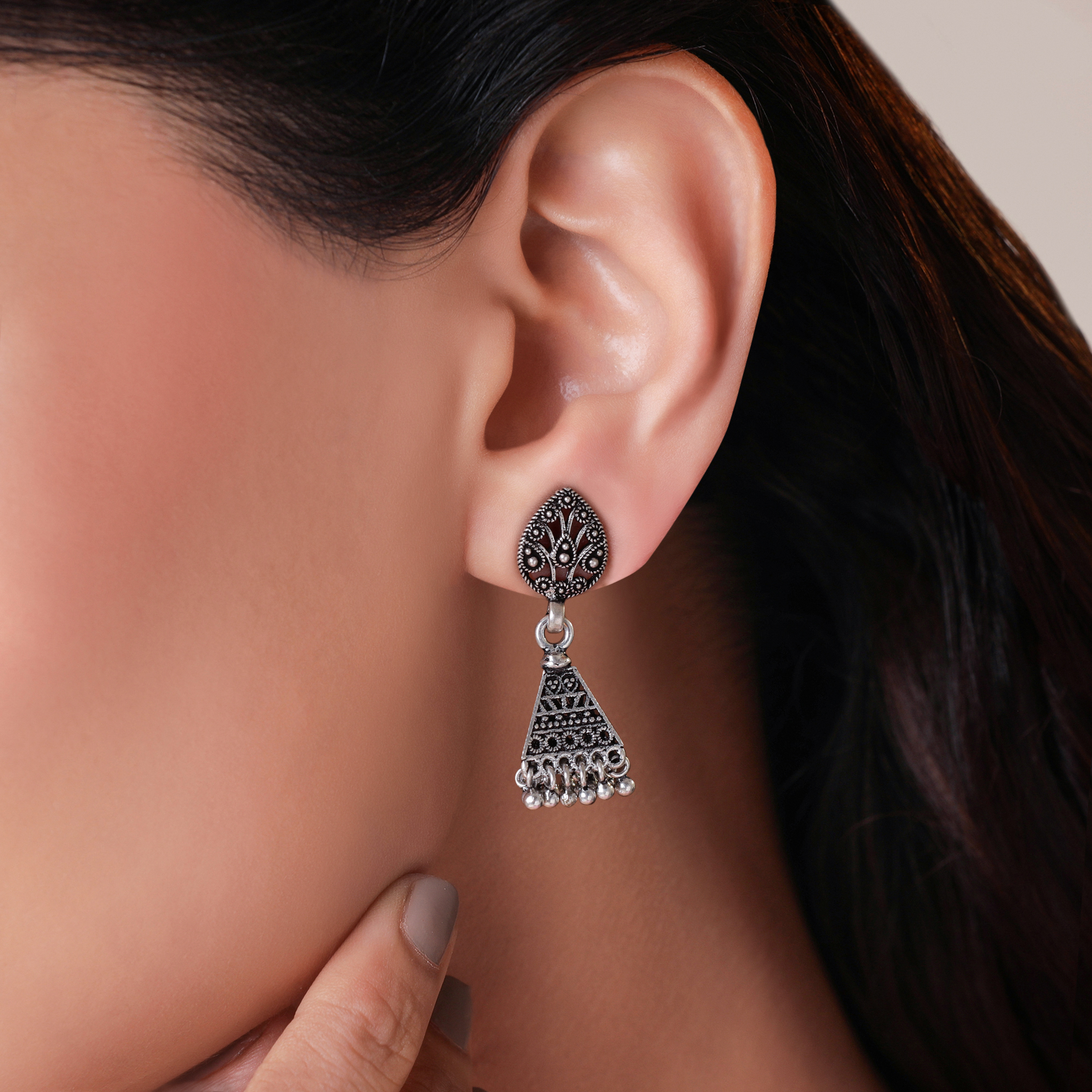 Buy Upbeat Triangular Dangling Silver Jhumka Earrings |GRT Jewellers