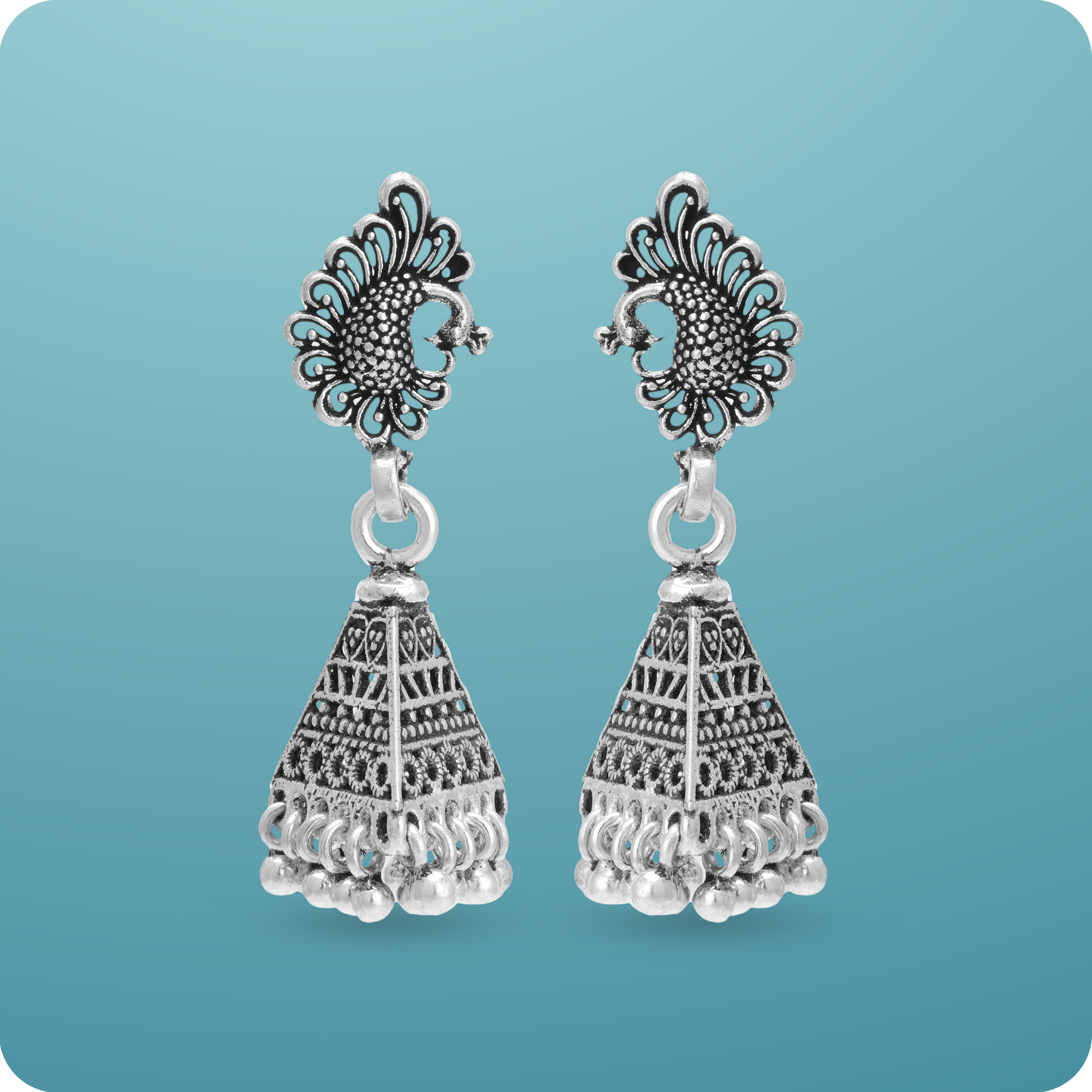 Buy Grand Peacock Triangular Silver Jhumka Earrings |GRT Jewellers