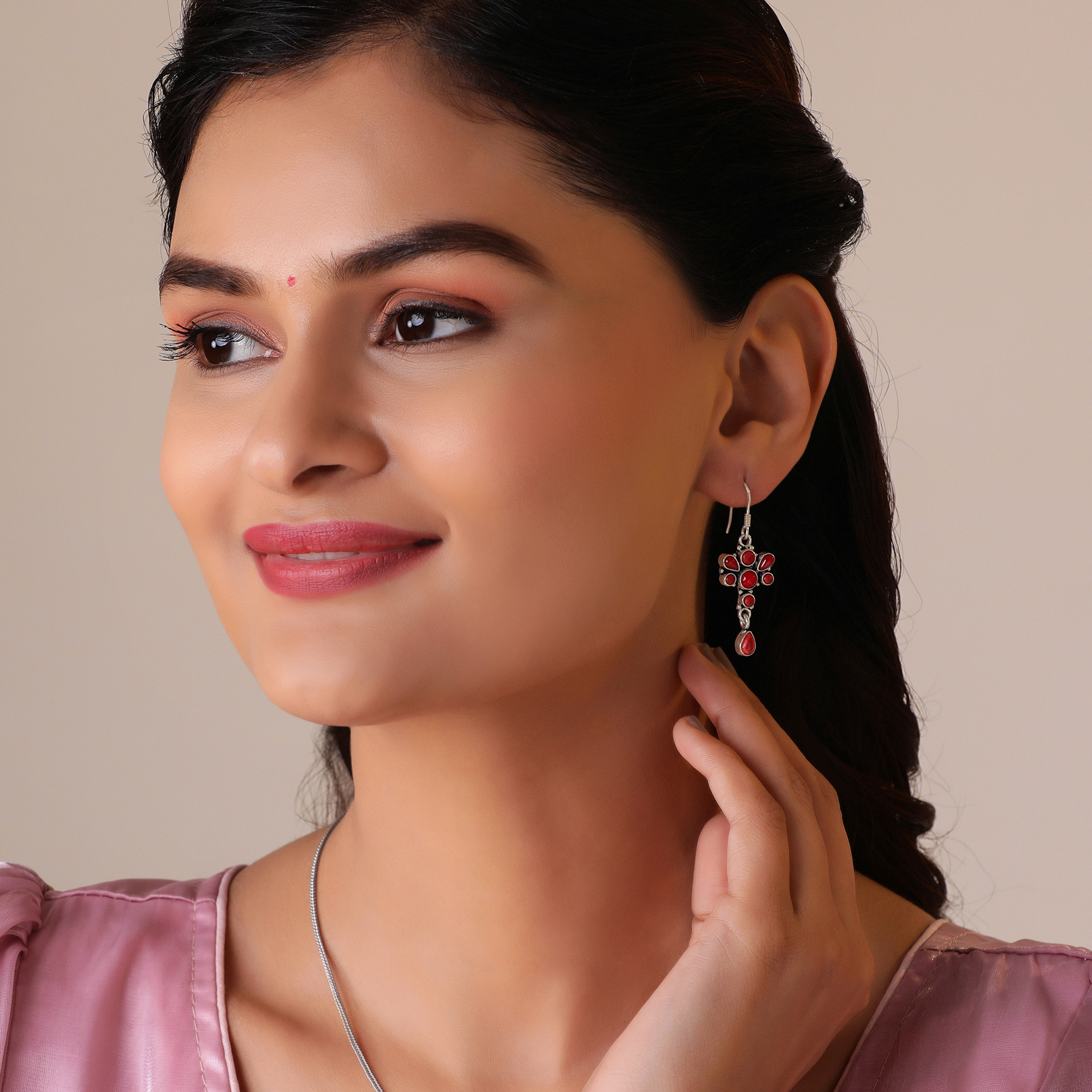 Buy Charming Pear Drop Red Stone Silver Earrings |GRT Jewellers
