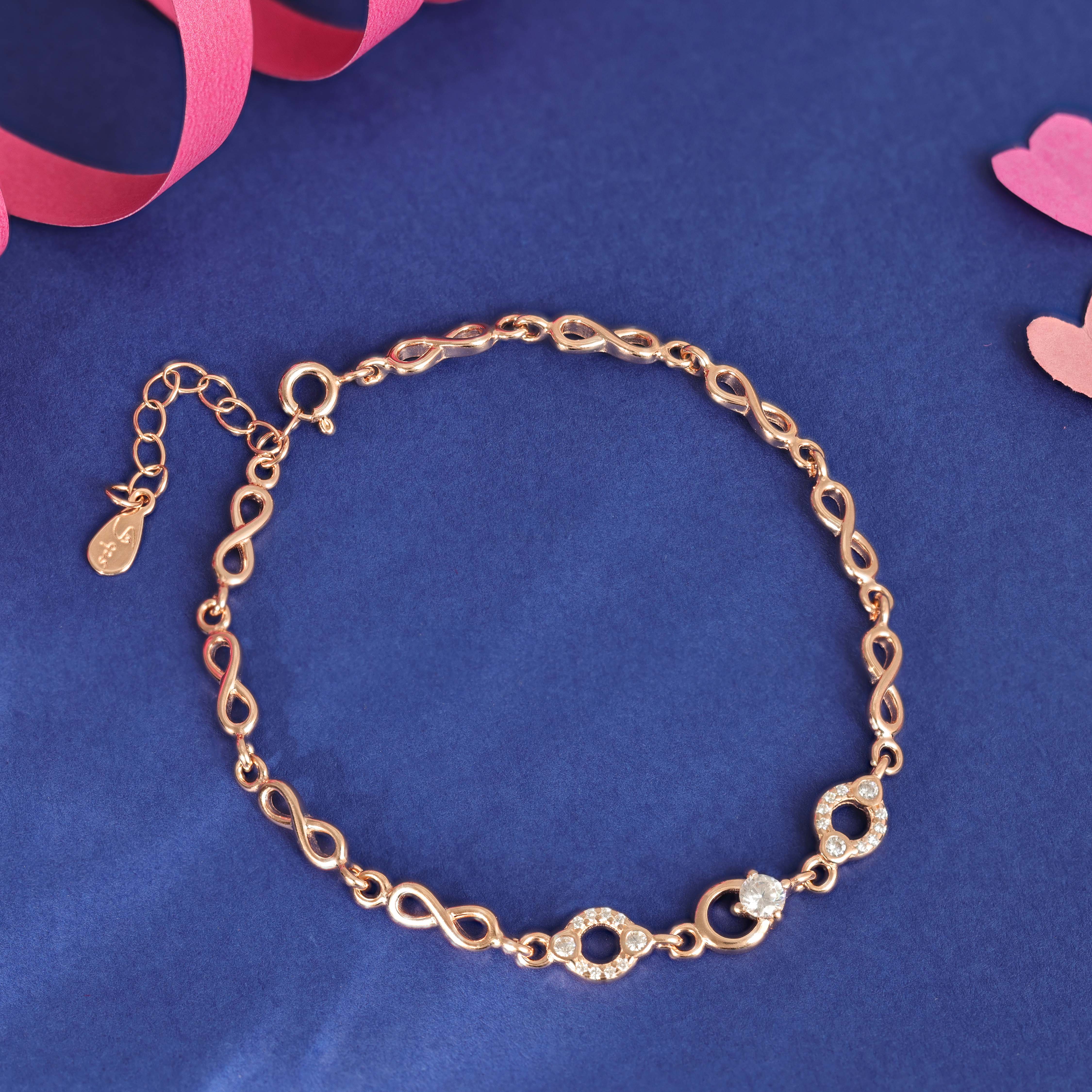 Buy Fancy Infinity Design Rose Gold Polish Silver Bracelet | GRT Jewellers