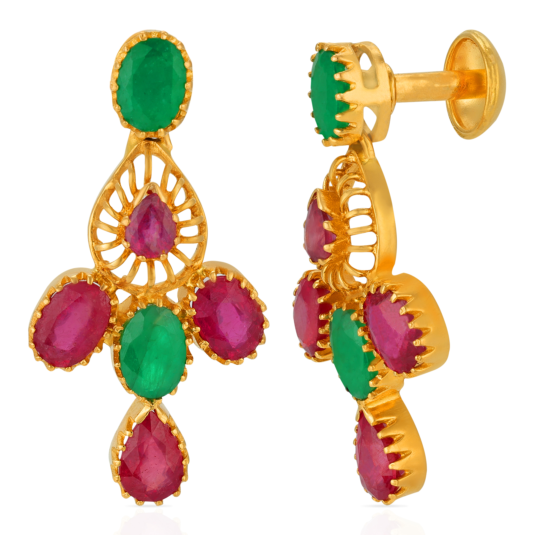 Buy Elegant Red and Green Stone Drop Gold Earrings |GRT Jewellers