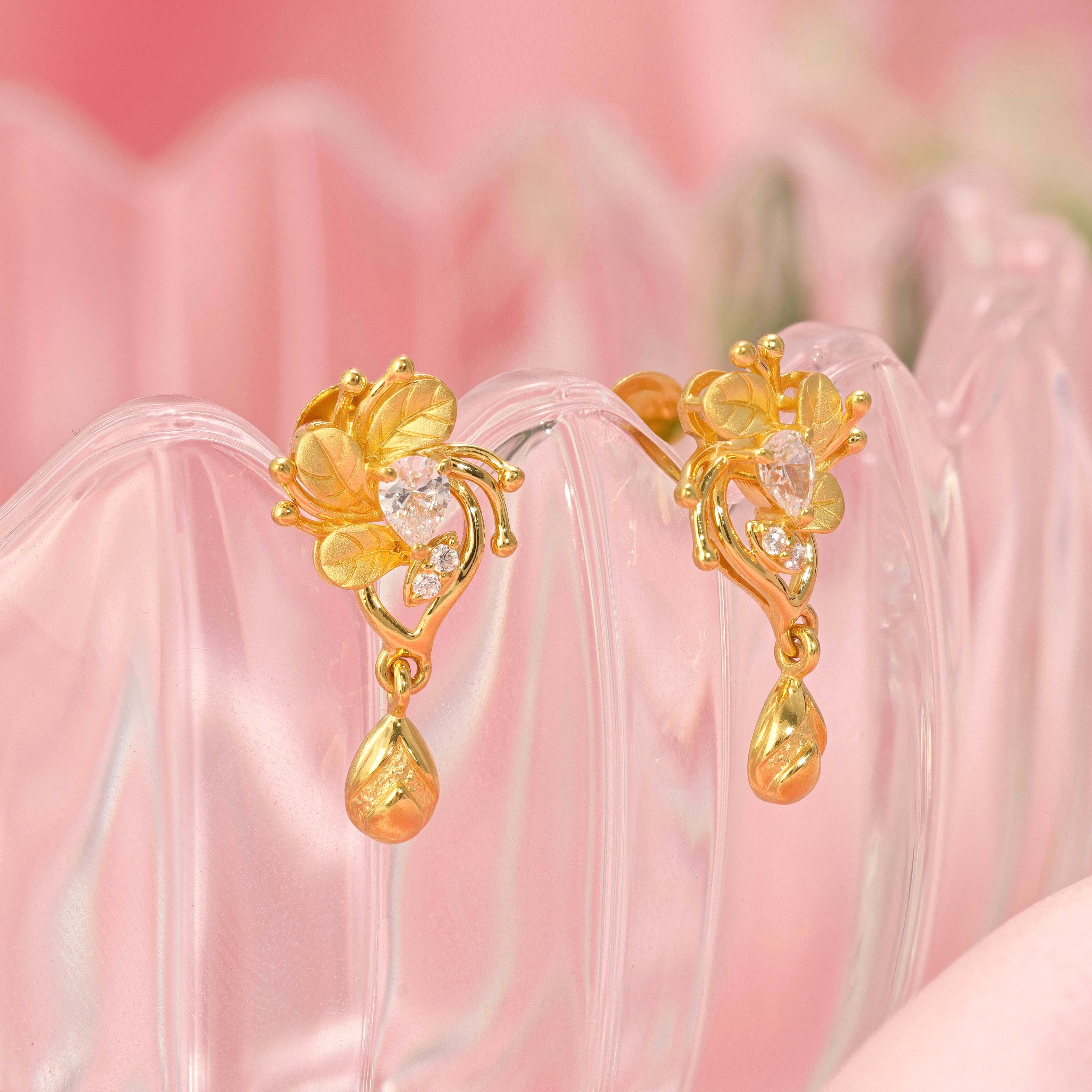 Elegant Sparkling Leaf Gold Drop Earrings
