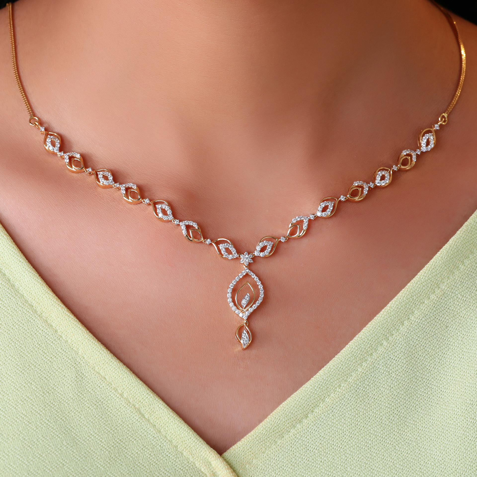 Buy Dazzling Duo Tone Leaf Design Diamond Necklace GRT Oriana